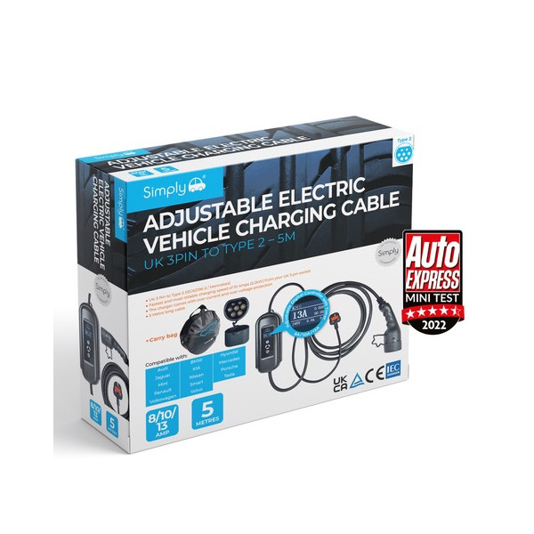 Simply EV Cable Type 2 to 3 pin 5M variable charge and timer