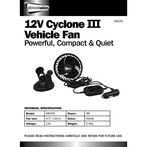 12v Cyclone 3 Single Oscillating Power Fan with Sucker