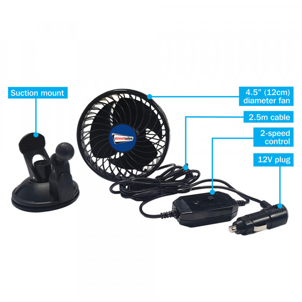 12v Cyclone 3 Single Oscillating Power Fan with Sucker